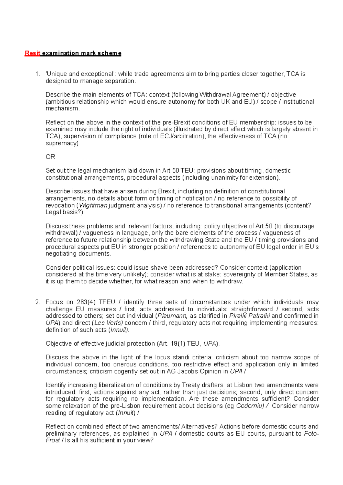 EU Law Mark Scheme 2021 (Resit) GDL - Resit examination mark scheme 1 ...