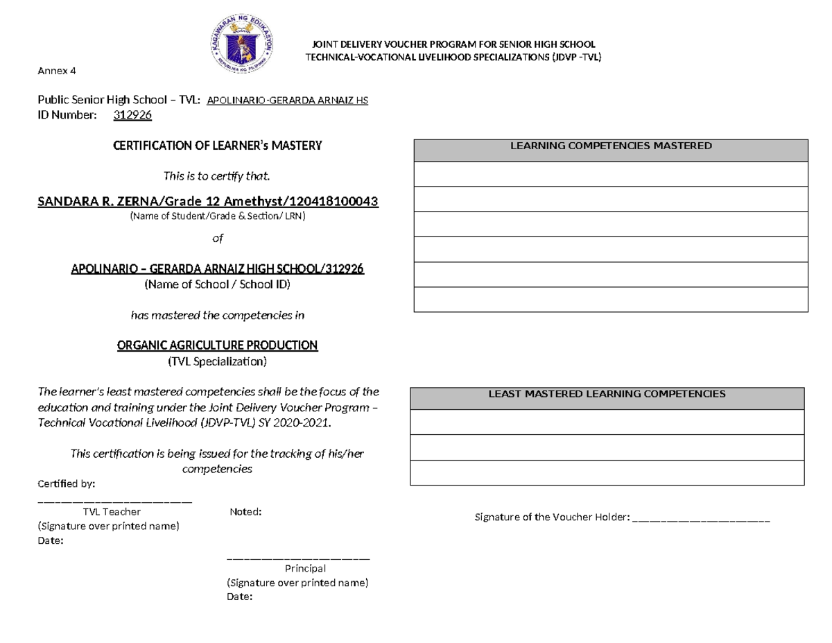 Annex 4 JDVP Certificate of Learners Mastery - JOINT DELIVERY VOUCHER ...