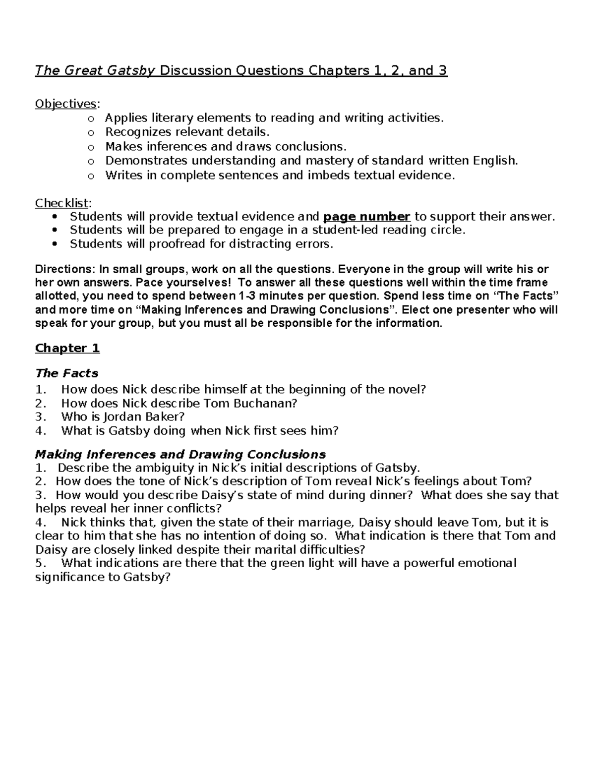 Gatsby Discussion Questions 1-3 - The Great Gatsby Discussion Questions ...