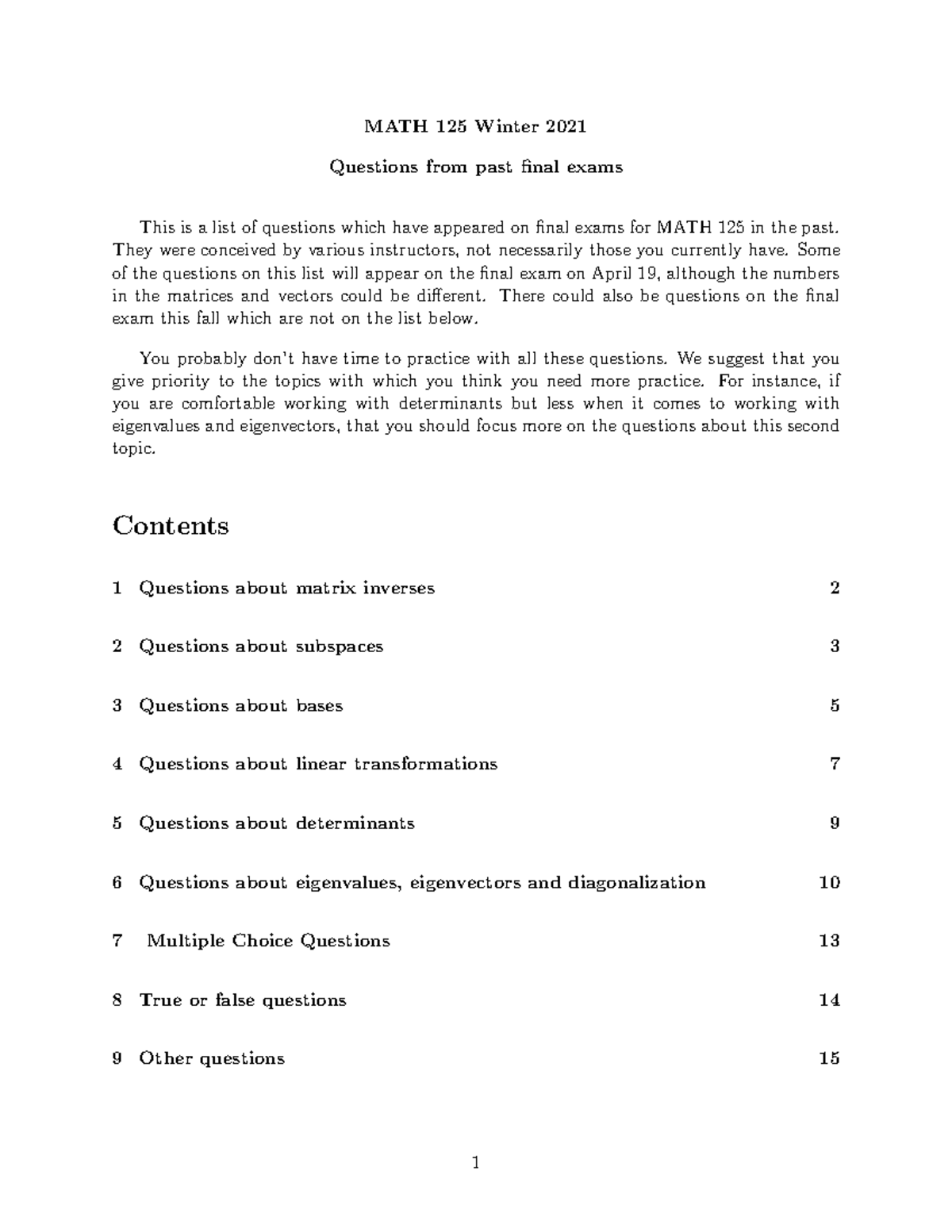 Practice Linear algebra questions Set 1 - MATH 125 Winter 2021 ...