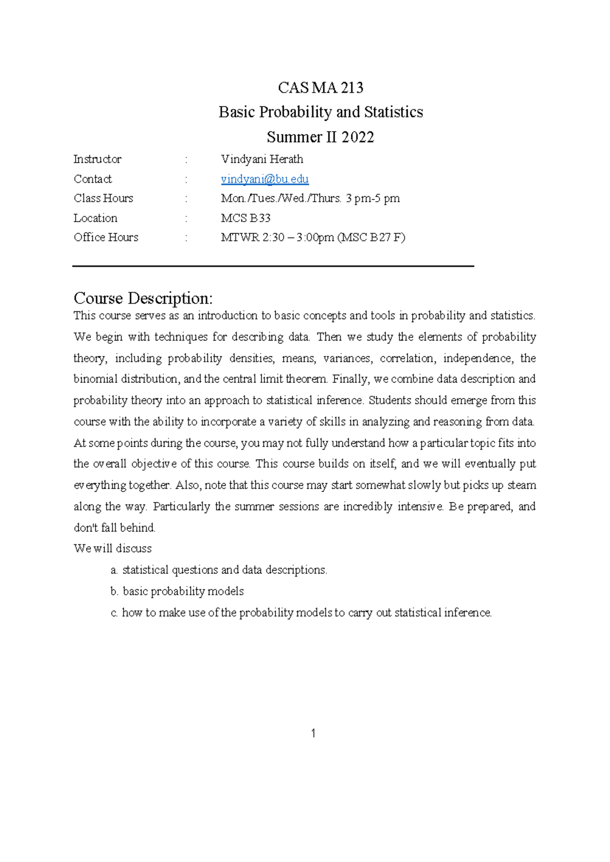 MA213 Summer Syllabus - CAS MA 213 Basic Probability and Statistics Summer II 2022 Instructor ...