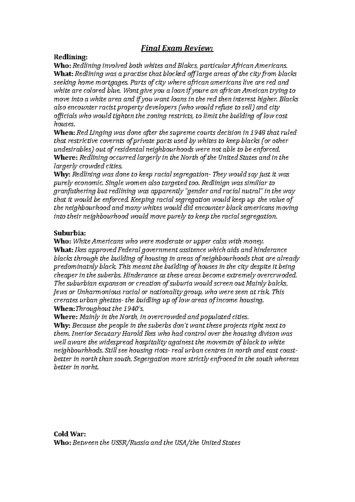 Final Exam Review - Summary International History: The Cold War World ...