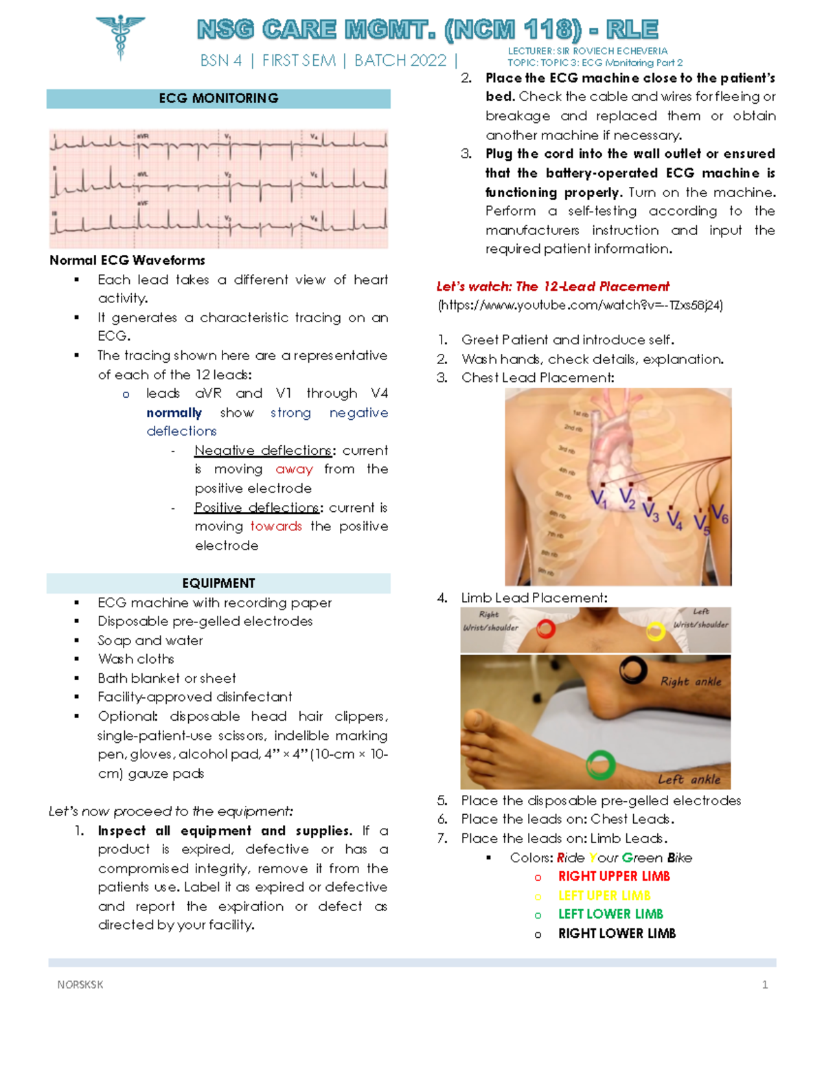 NCM 118 ECG Monitoring Part2 - BSN 4 | FIRST SEM | BATCH 2022 | NORSKSK 1 LECTURER: SIR ROVIECH ...