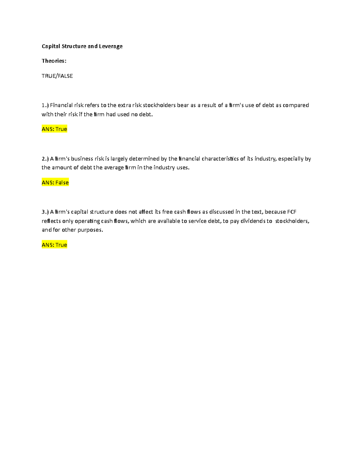 C6 - Theories practice questions capital structure and leverage ...