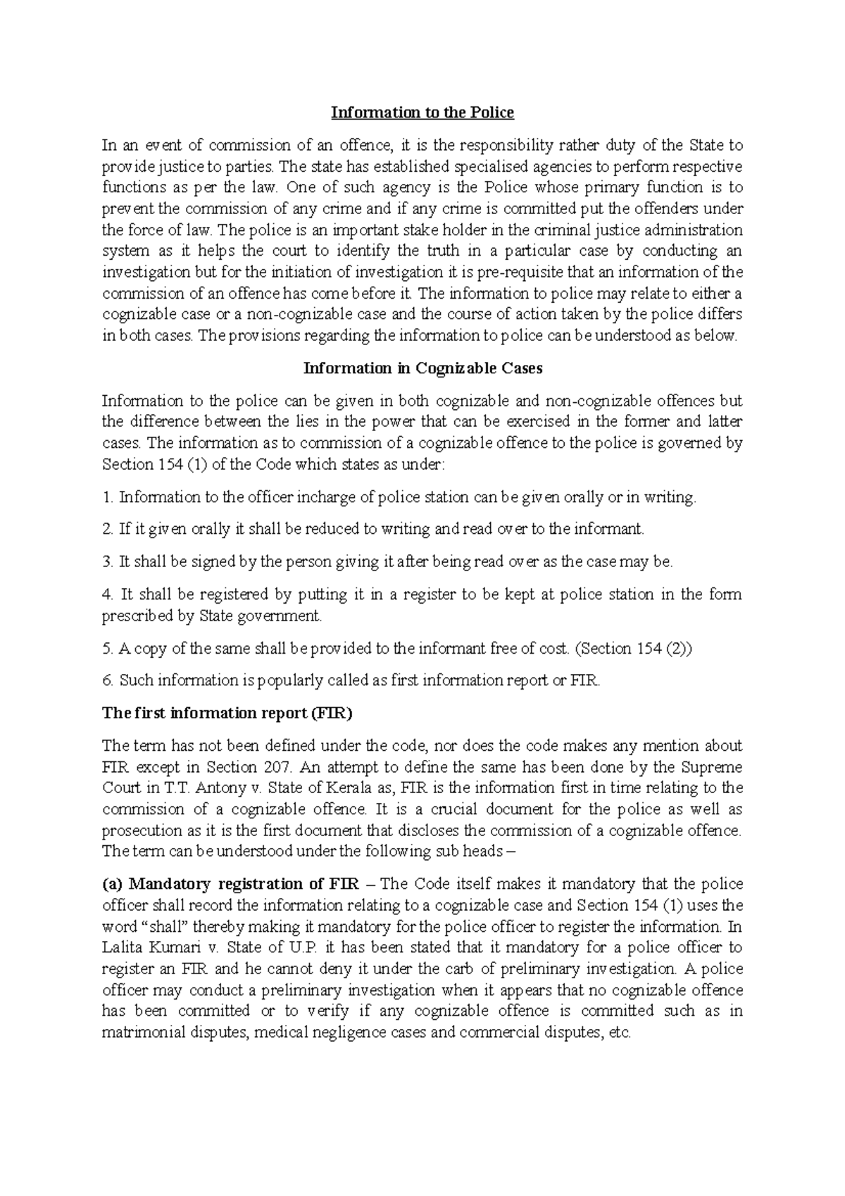 First Information Report - Information to the Police In an event of ...