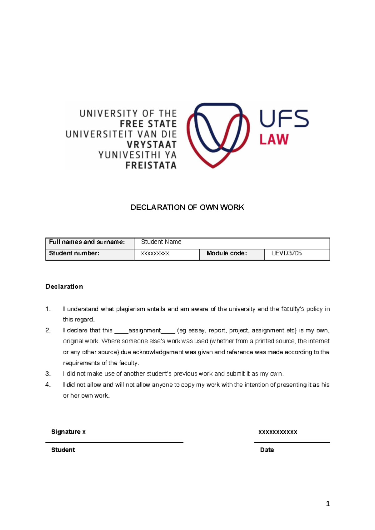 Assignment 2 - Memorandum - DECLARATION OF OWN WORK Full names and ...