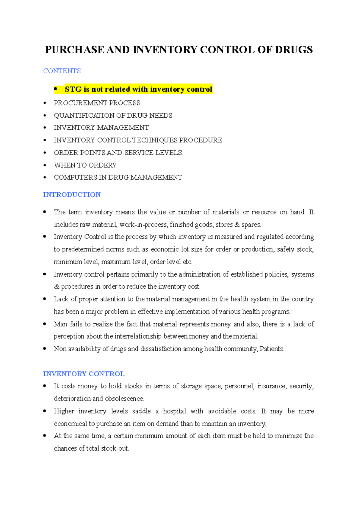 Purchase AND Inventory Control OF Drugs - PURCHASE AND INVENTORY ...