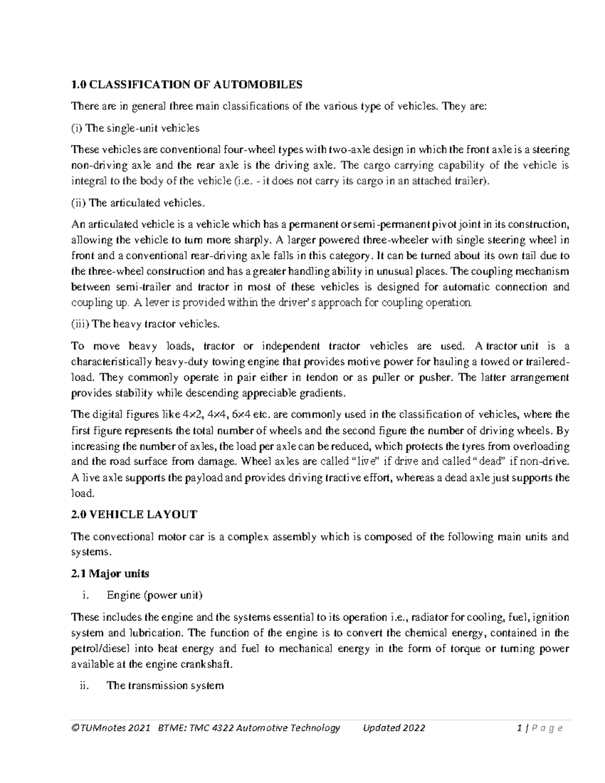 Notes 1. Auto Technology to - ©TUMnotes 2021 BTME: TMC 4322 Automotive ...