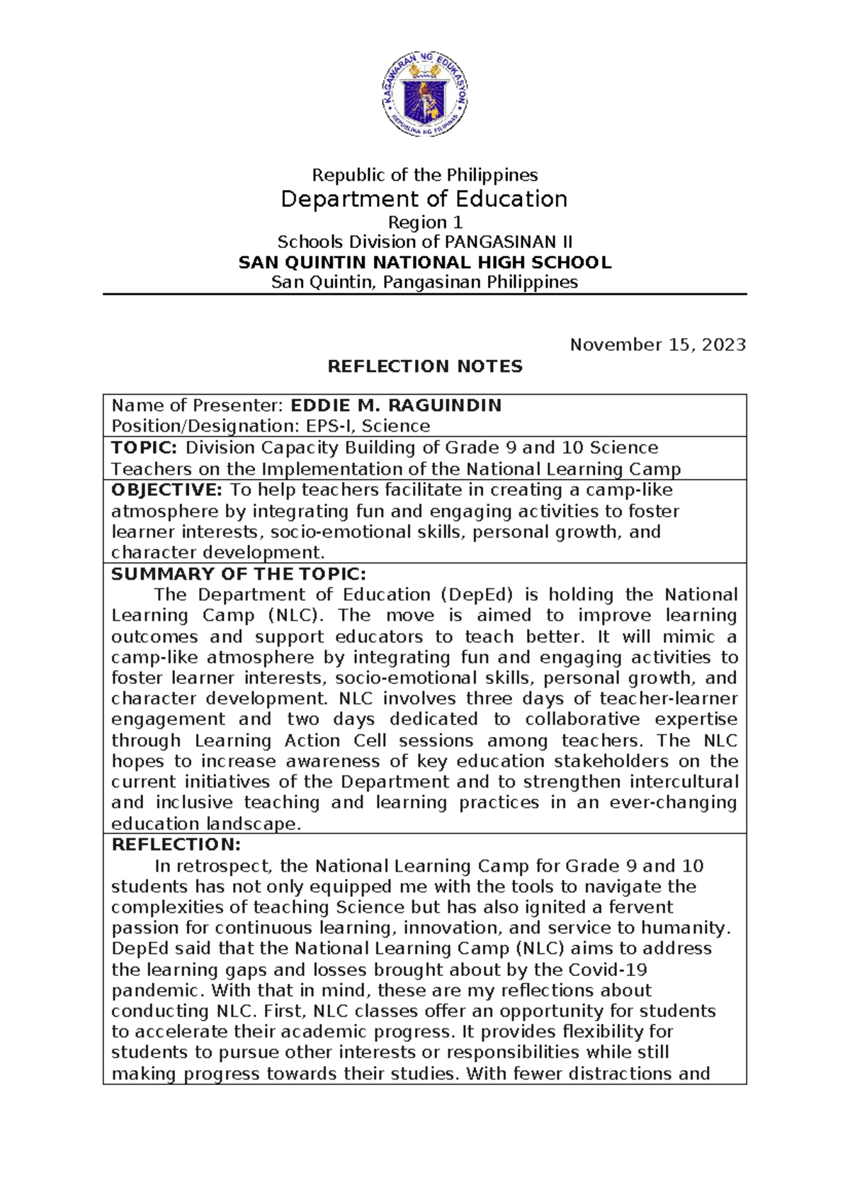 Reflection- Notes-NLC - Republic of the Philippines Department of ...