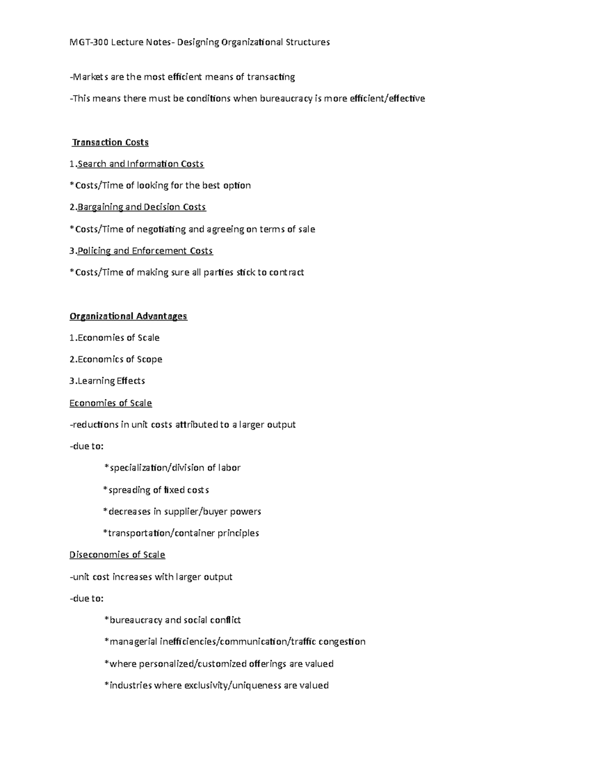 Intro to Management Organizational Structure Design Notes - MGT-300 ...