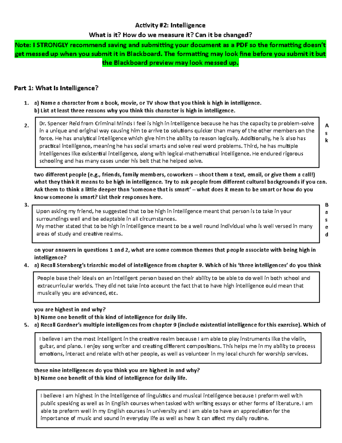 Chapter 9 - Intelligence Activity - Activity #2: Intelligence What is ...