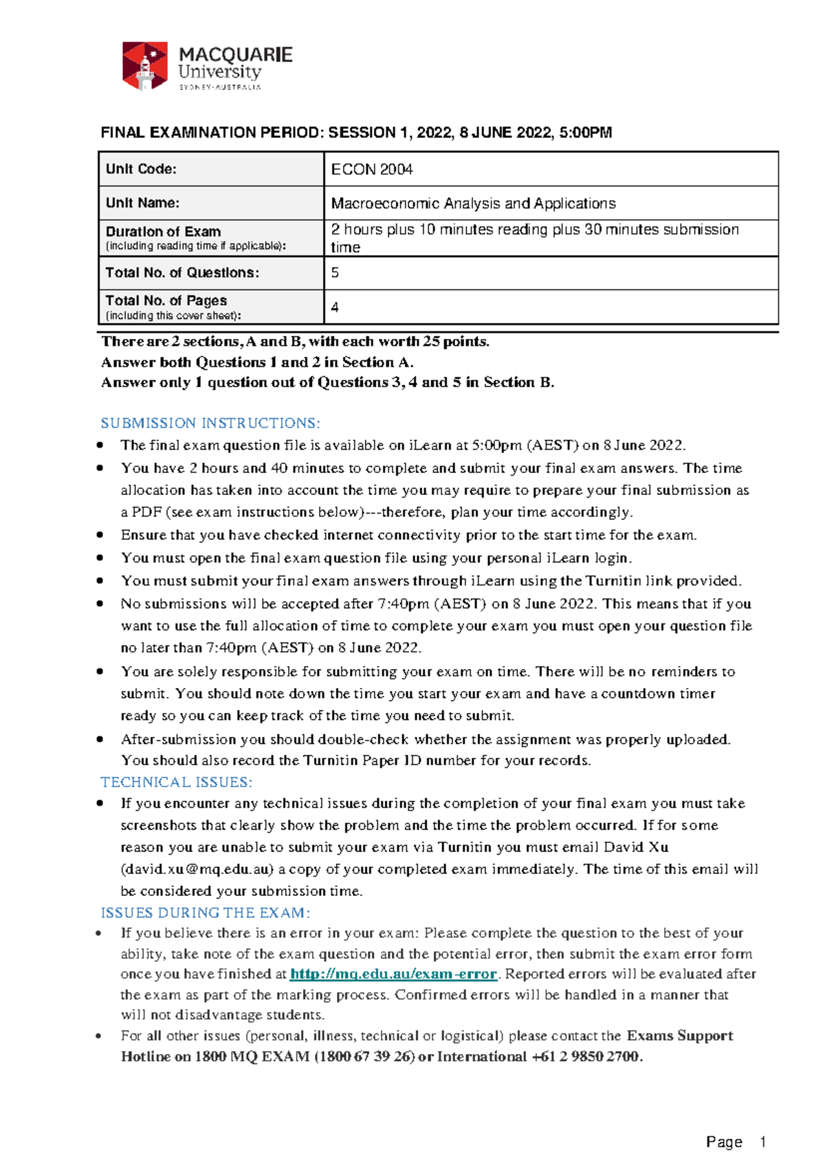ECON2004 Final EXAM S1 2022-converted - FINAL EXAMINATION PERIOD: SESSION 1, 2022, 8 JUNE 2022 ...