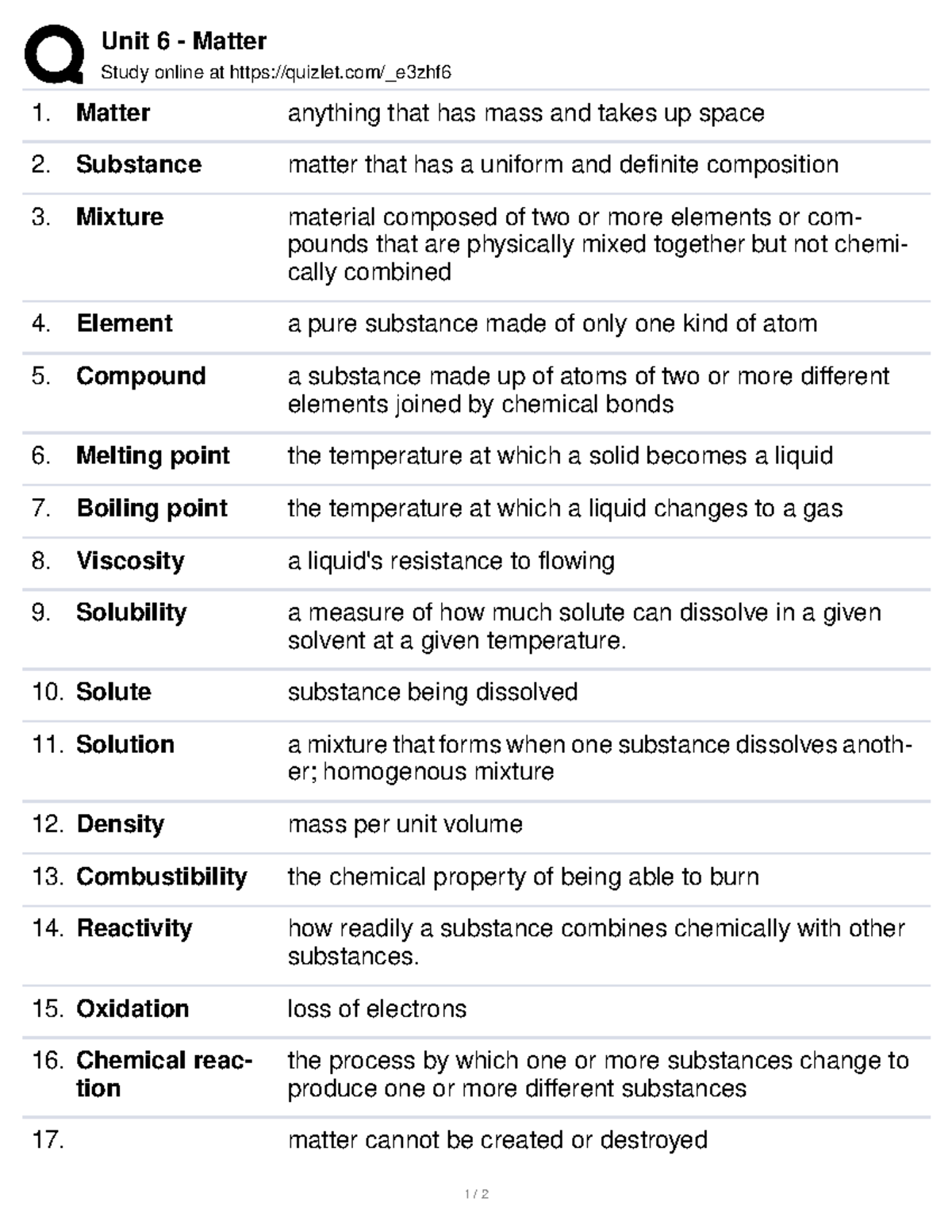 Unit 6 Vocabulary - notes - Unit 6 - Matter Study online at quizlet ...