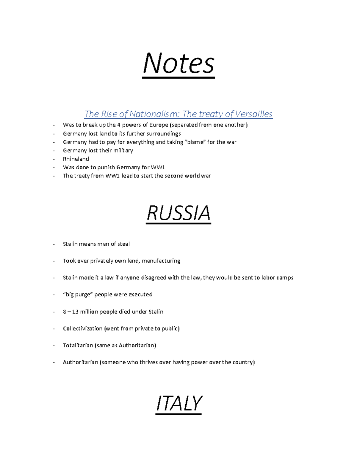 The Rise of Nationalism - The Treaty of Versailles - Notes The Rise of ...