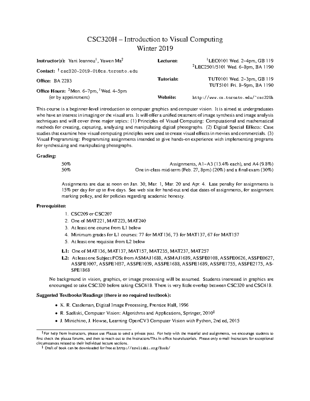 Syllabus - CSC320H – Introduction to Visual Computing Winter 2019 ...