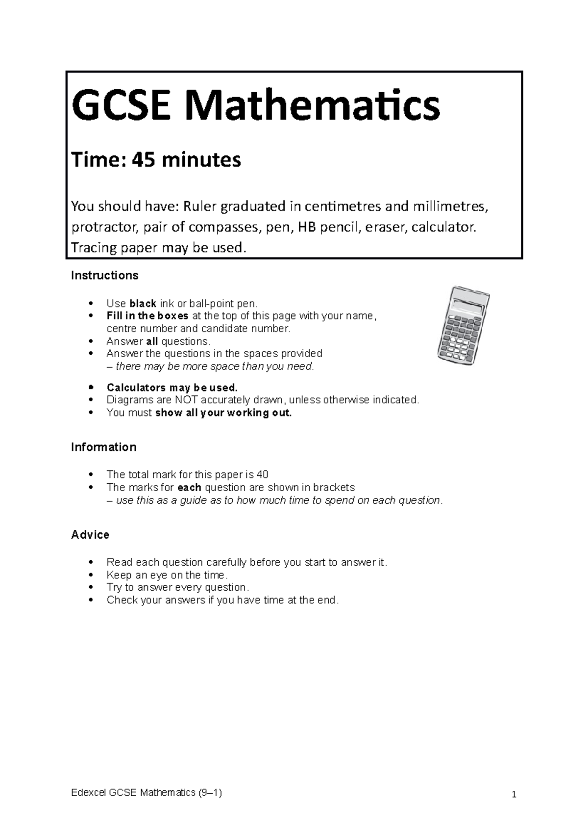 11 Practice Tests copy - Fhb - GCSE Mathematics Time: 45 minutes You ...