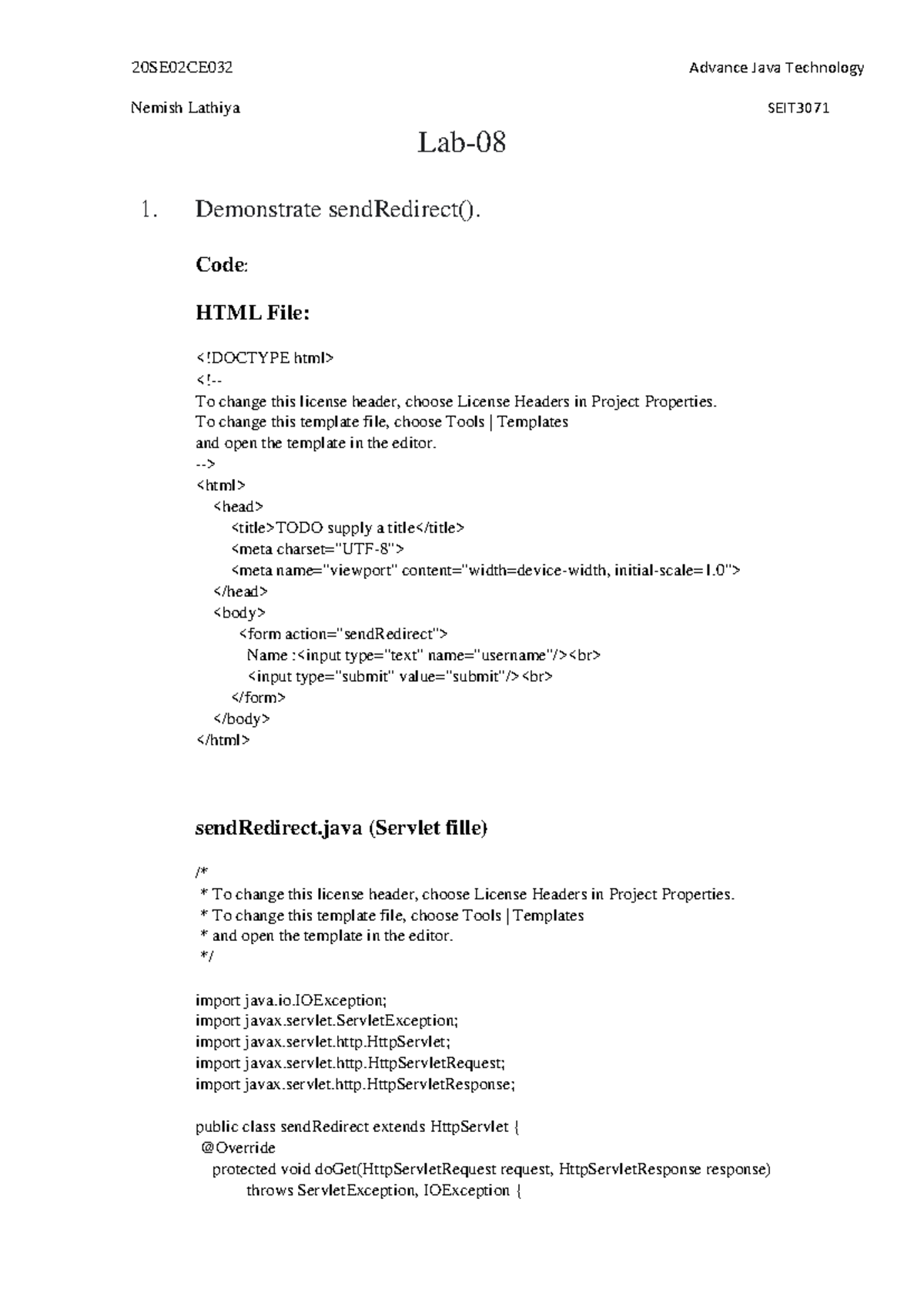 Demonstrate send Redirect() - Nemish Lathiya SEIT Lab- 1. Demonstrate ...
