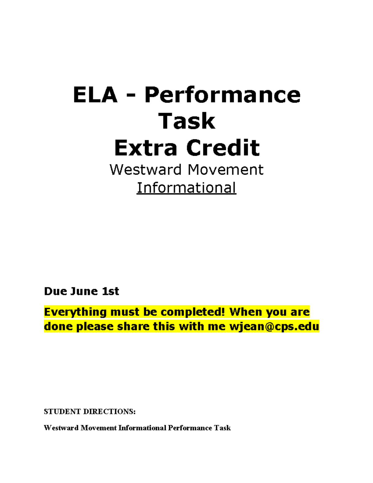 Copy of Performance Task Extra Credit - ELA - Performance Task Extra ...