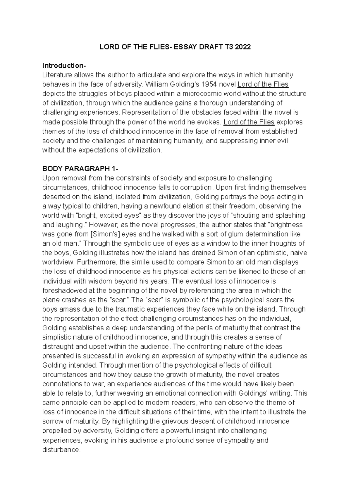 LORD OF THE Flies- Essay Draft T3 2022 - Google Docs - LORD OF THE ...