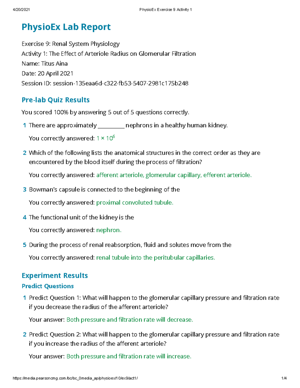 Physio Ex Exercise 9 Activity 1 - PhysioEx Lab Report Exercise 9: Renal ...