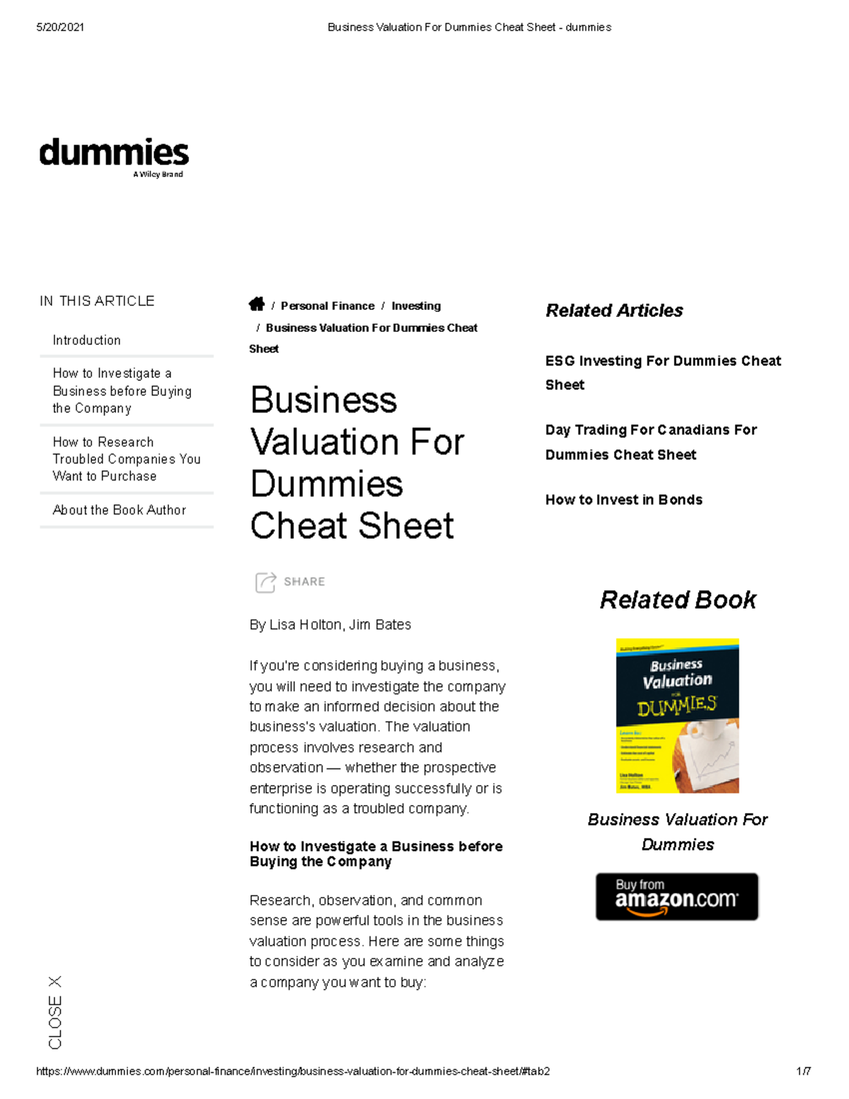 Business Valuation For Dummies Cheat Sheet - / / / Business Valuation ...
