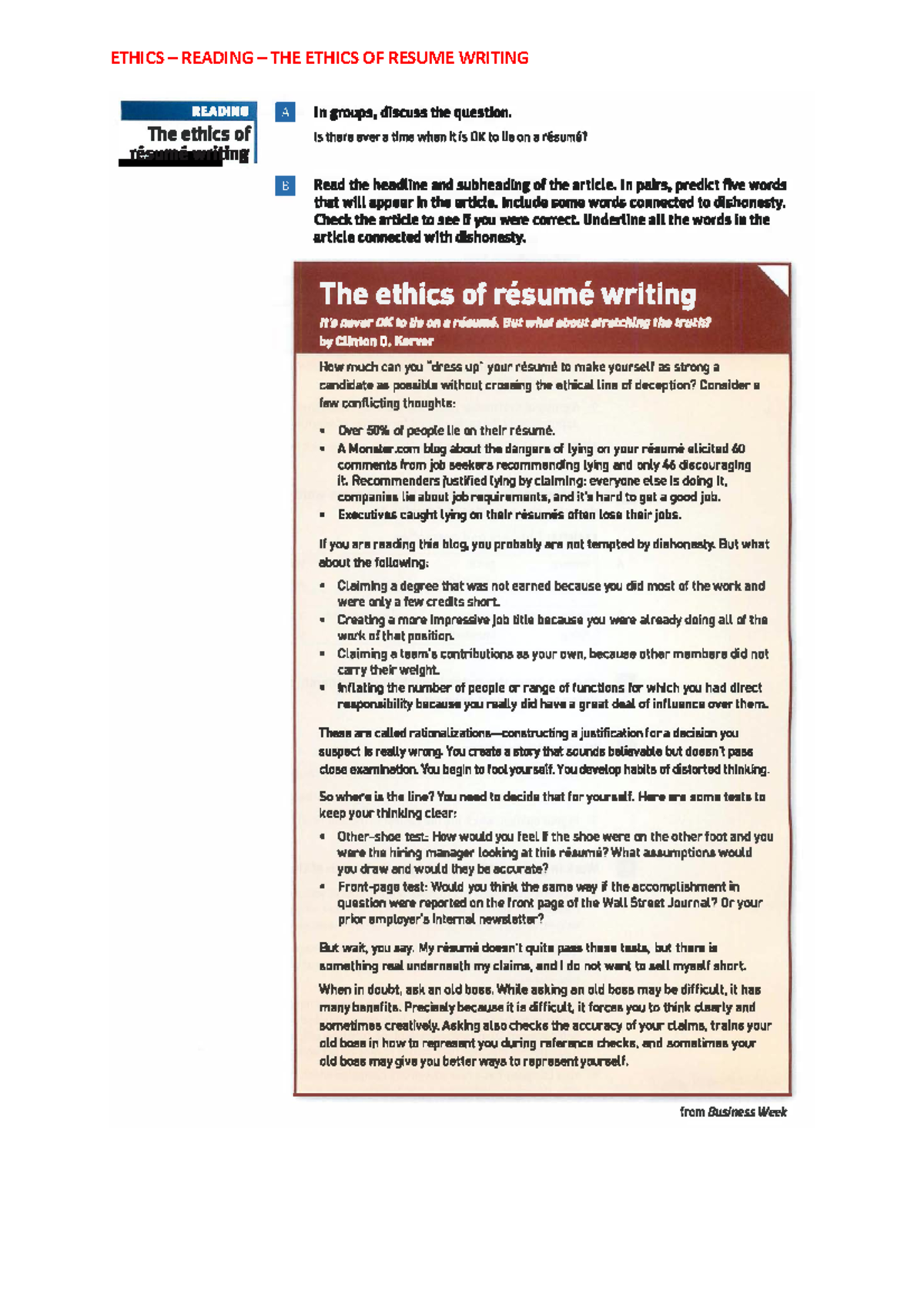 Ethics - Reading Activities : Thinking ethics in business English. A ...