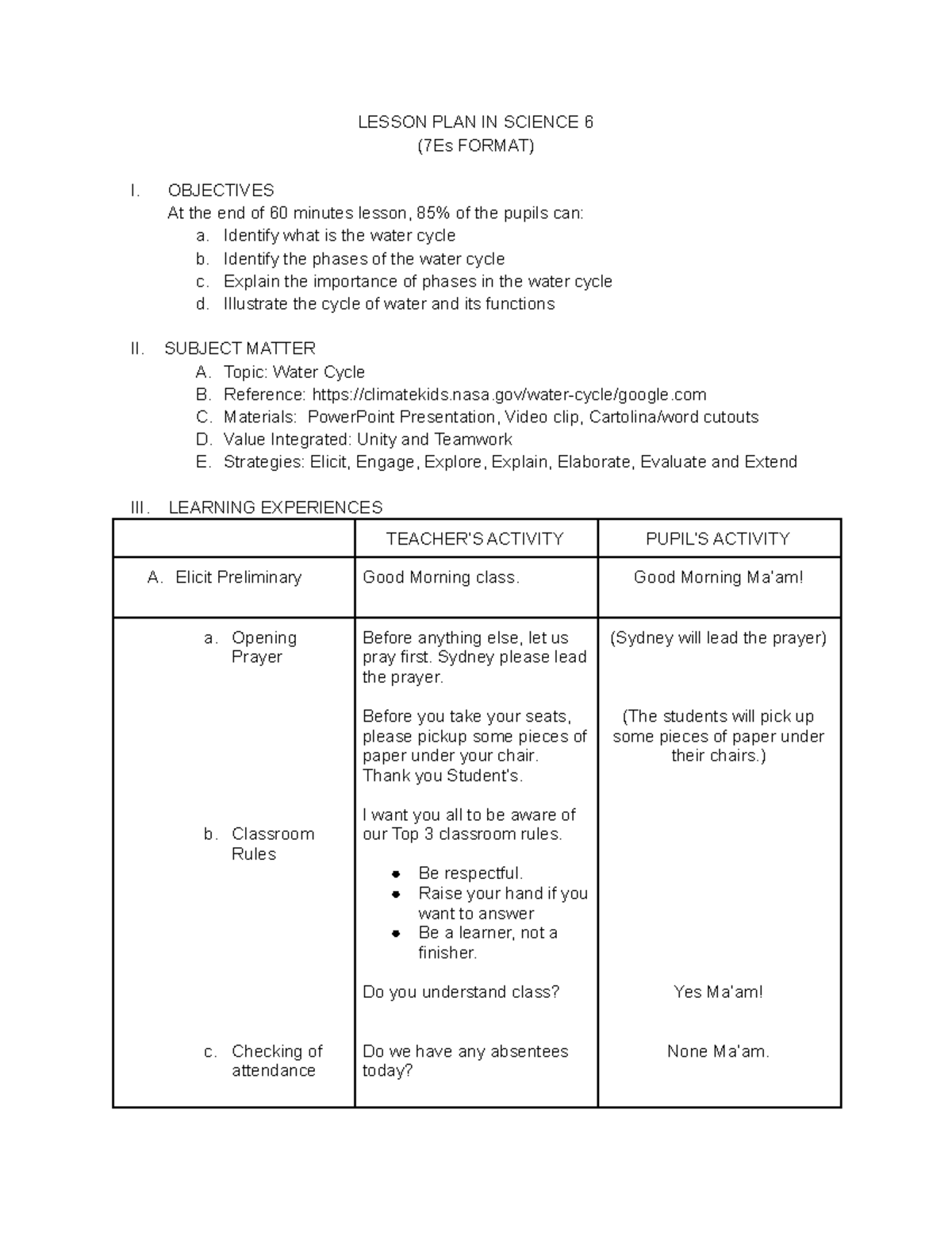 7E'S Water Cycle Lessonplan - LESSON PLAN IN SCIENCE 6 (7Es FORMAT) I ...