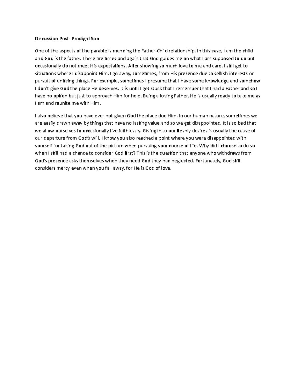 One of the aspects of the parable is mending the Father-Child ...