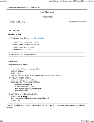 Netw 251 testout lab 4 - test out - Passing Score: 3/3 (100%) 4.1 ...