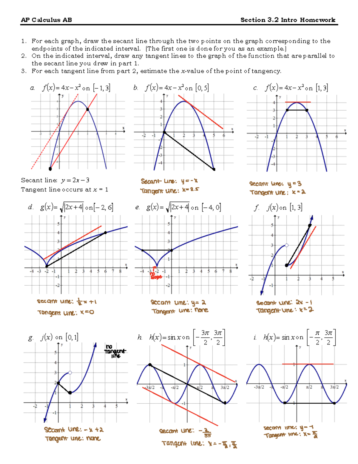 mean value theorem - AP Calculus AB Section 3 Intro Homework 1. For ...
