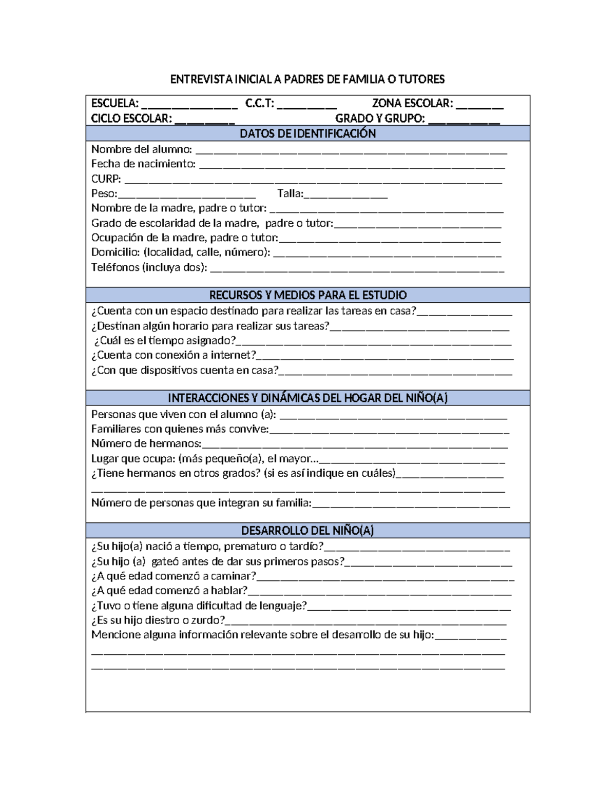 Formato de entrevista inicial padres de familia - ENTREVISTA INICIAL A ...