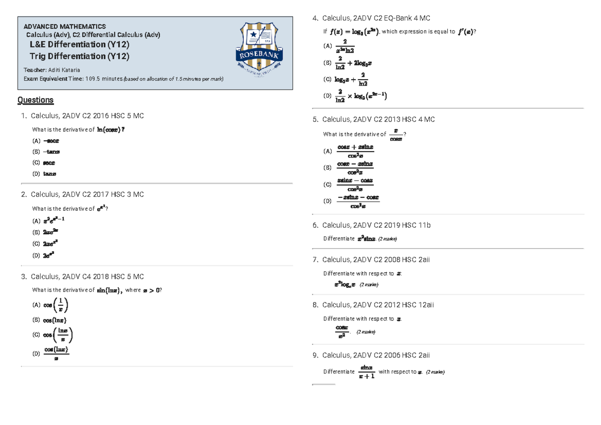 HSC Differentiatial Calculus - 1. Calculus, 2ADV C2 2016 HSC 5 MC 2 ...
