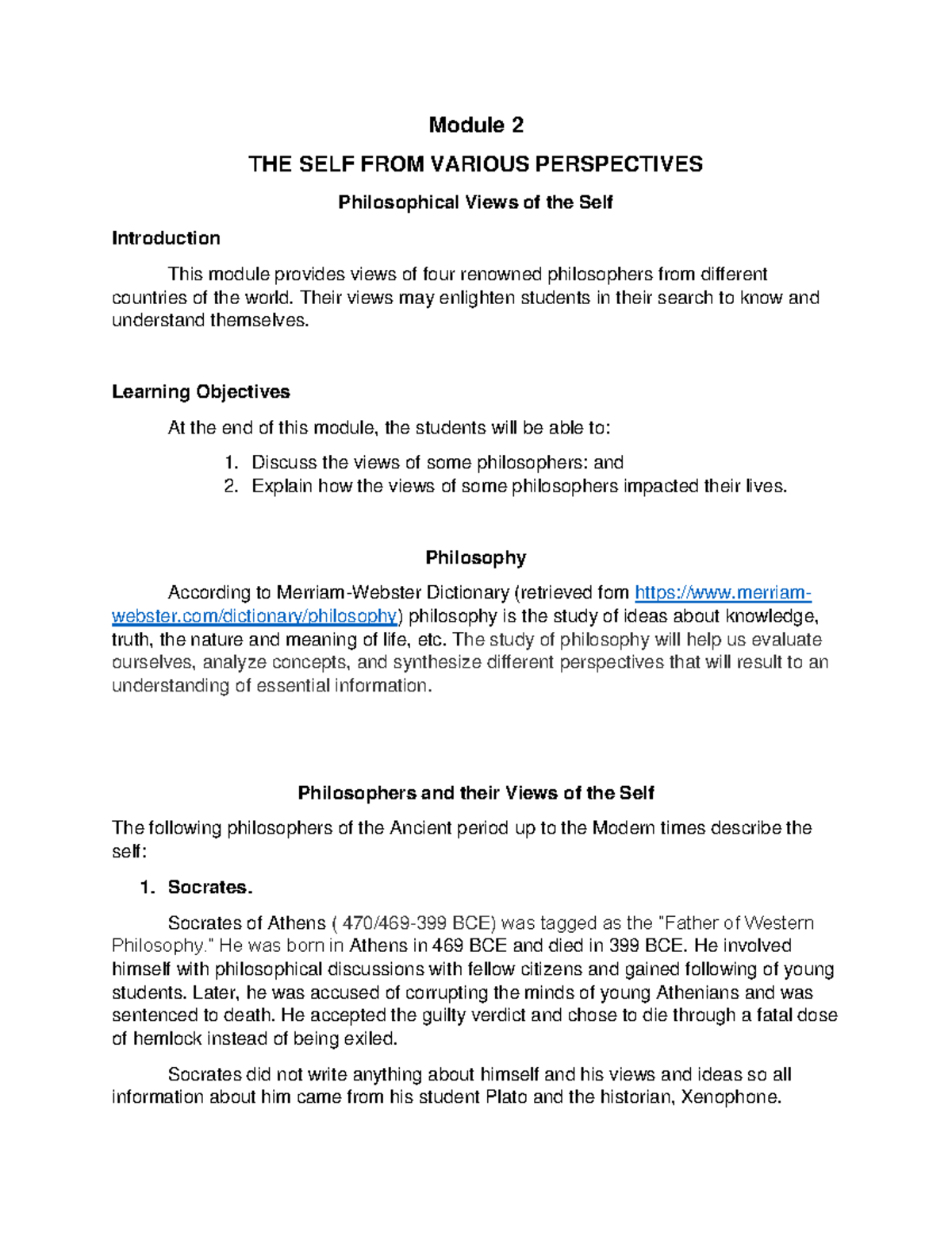 Module 2 Understanding the Self - Module 2 THE SELF FROM VARIOUS PERSPECTIVES Philosophical ...