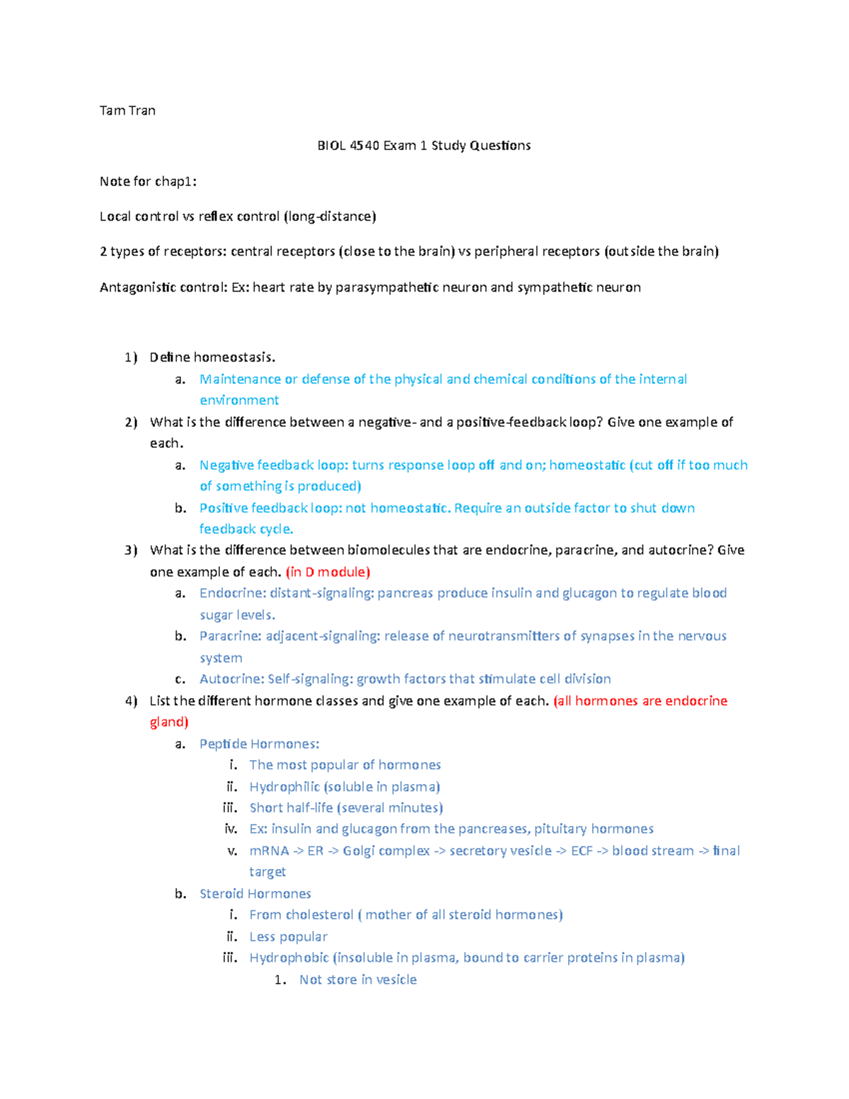 Exam 1 Study Questions - Lecture notes 1-5 - Tam Tran BIOL 4540 Exam 1 ...