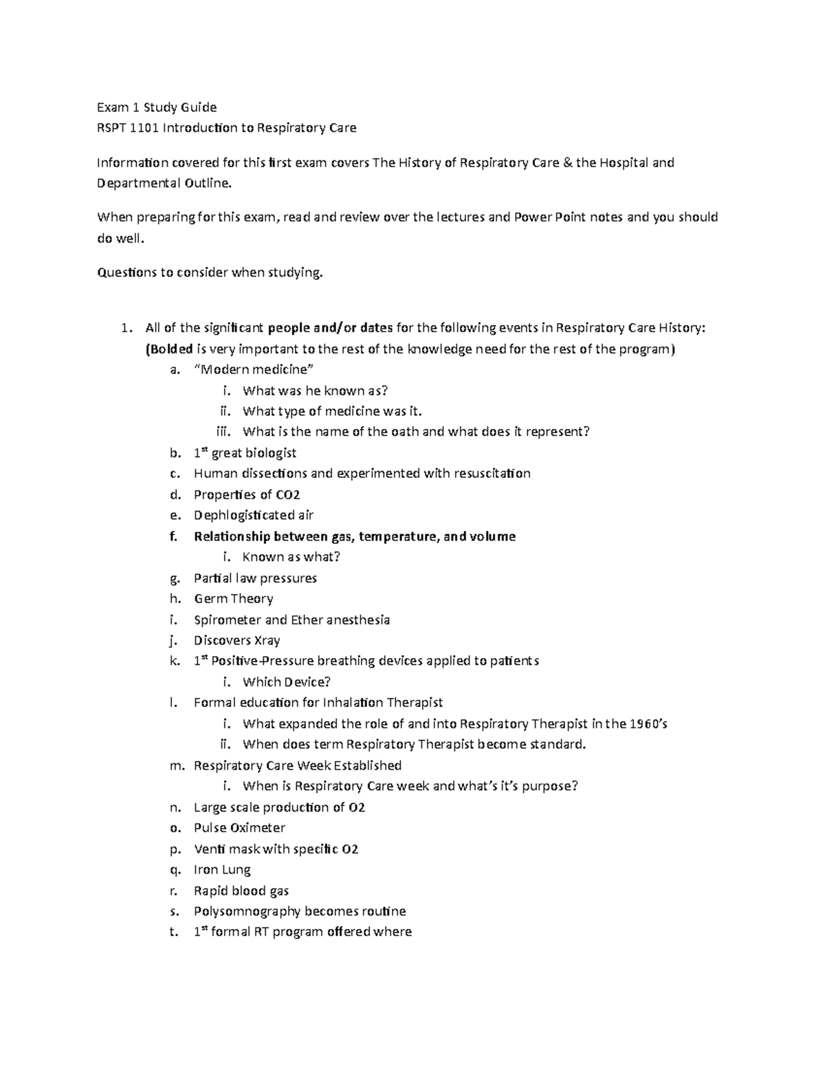 Exam 1 Study Guide - module - Exam 1 Study Guide RSPT 1101 Introduction ...