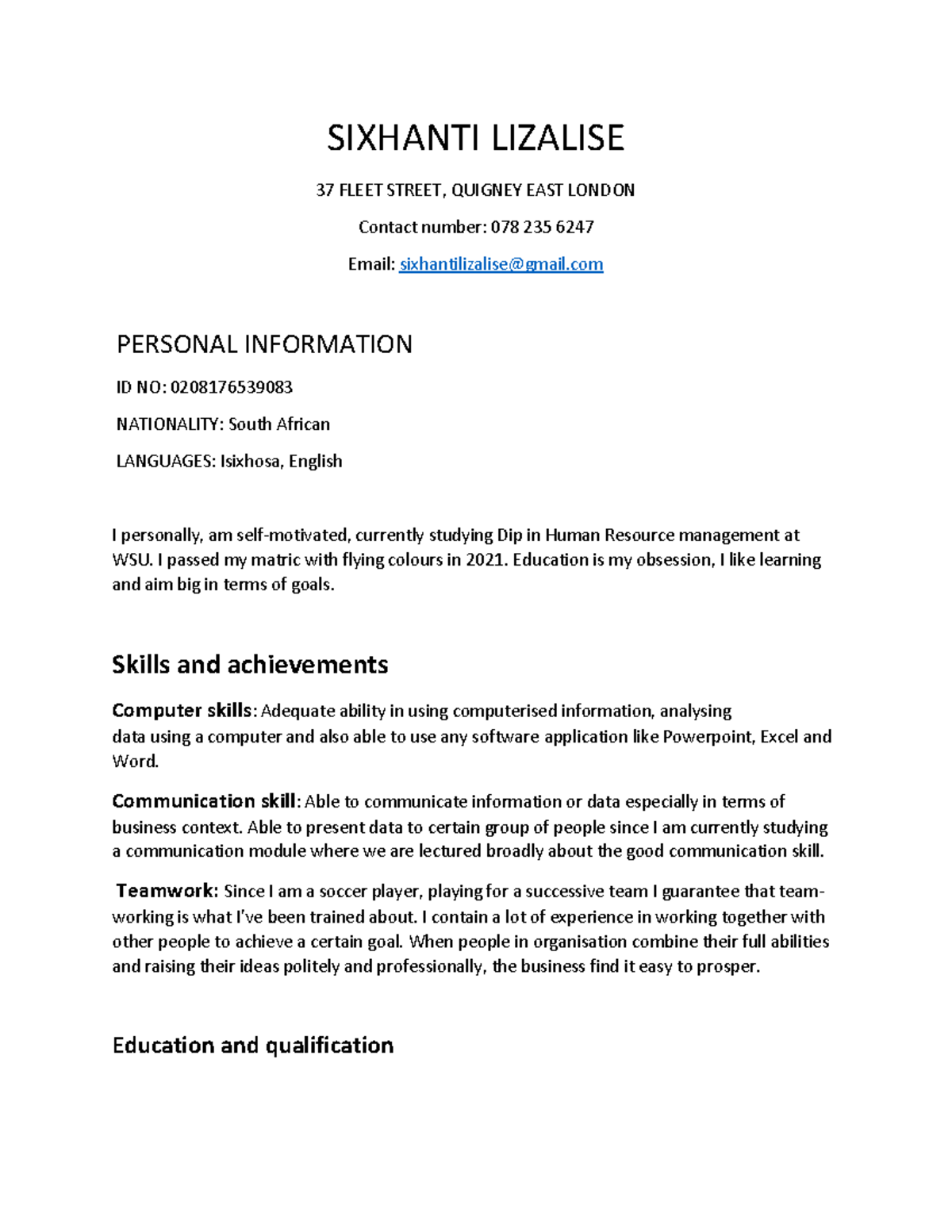 ACS CV Writing cf5e6a95f5a98f5c1947f5a572927 b4d - SIXHANTI LIZALISE 37 ...