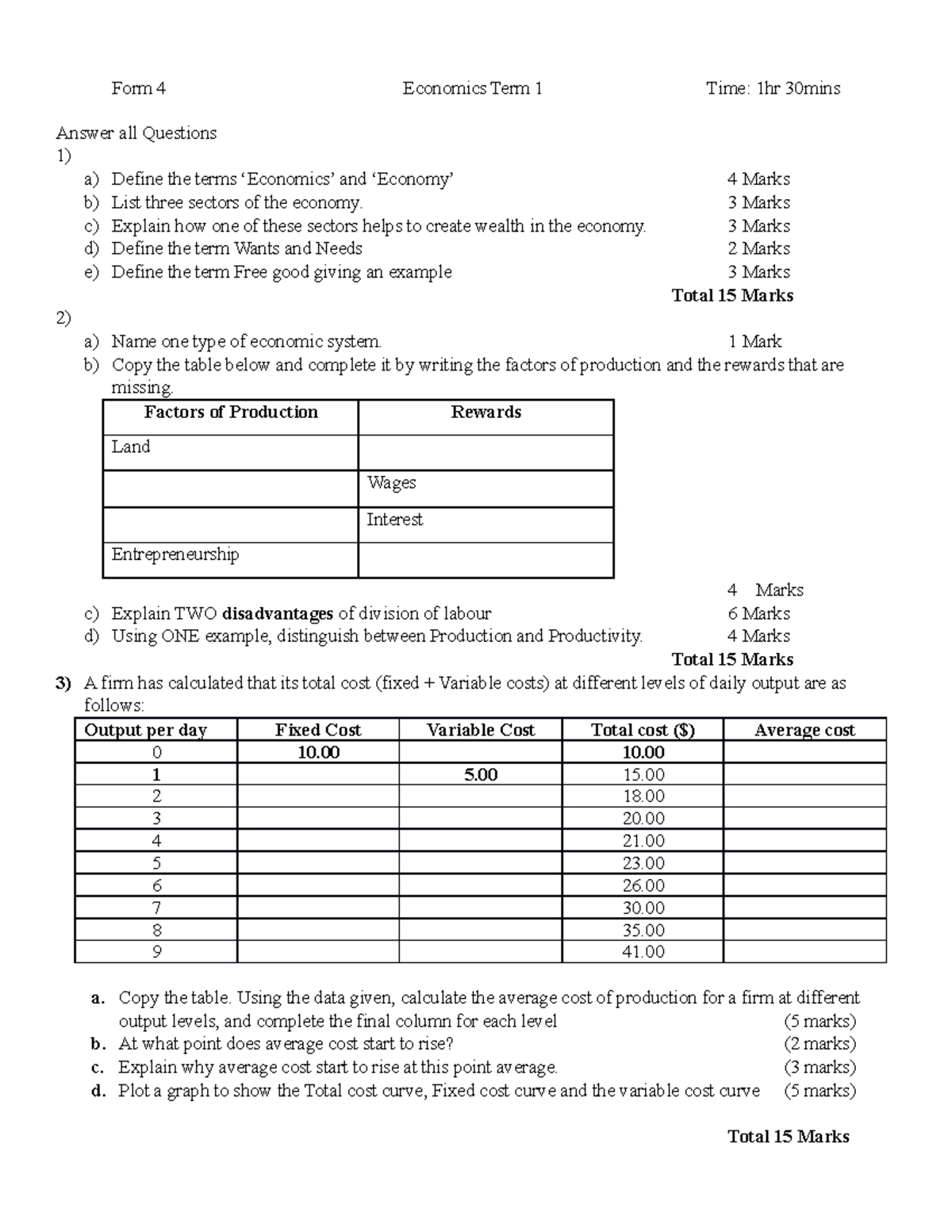 Form 4 Economics Paper 2 - Form 4 Economics Term 1 Time: 1hr 30mins ...