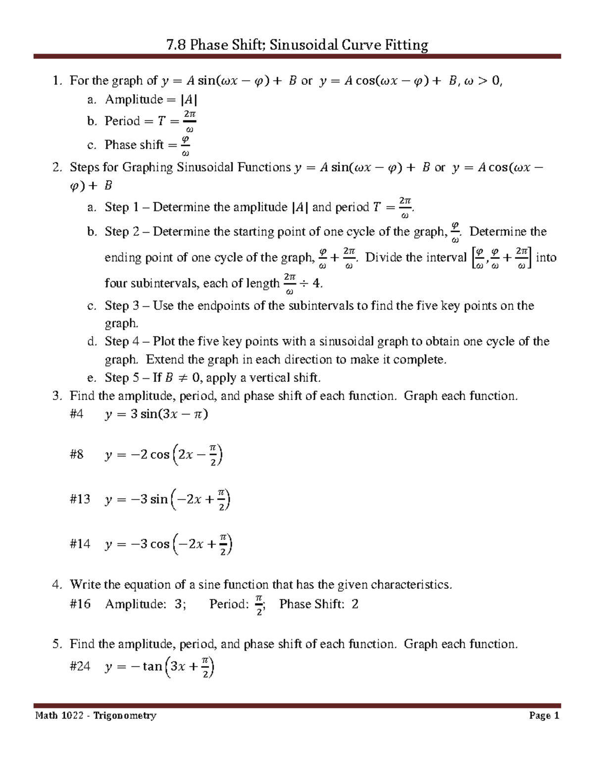 7 8 Phase Shift Sinusoidal Curve Fitting 190224 7 Phase Shift Sinusoidal Curve Fitting Math 