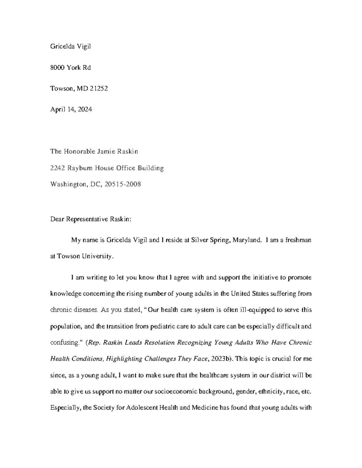 Letter to congressperson - Gricelda Vigil 8000 York Rd Towson, MD 21252 ...