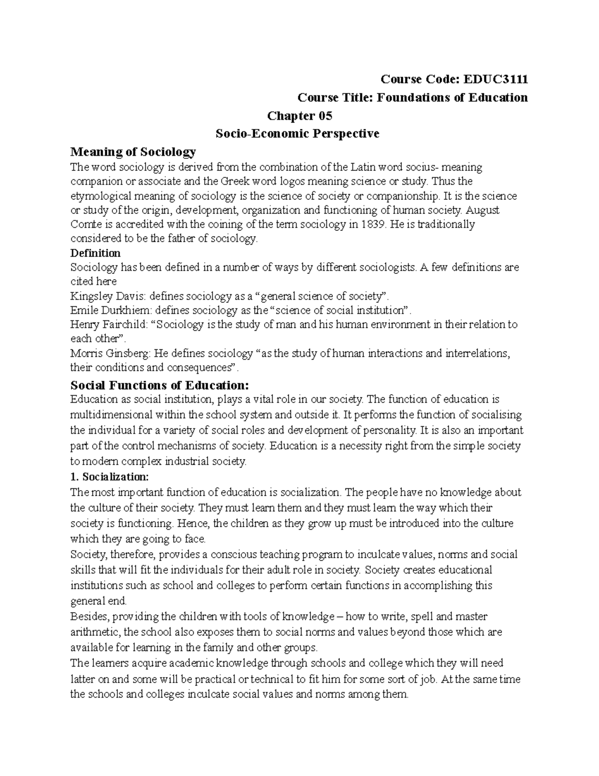 Foe chap 5 Socio Economic Perspective - Course Code: EDUC Course Title ...