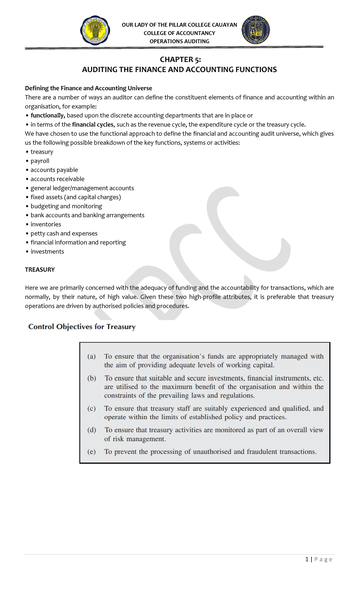 Chapter 5 Auditing the Finance and Accounting Functions - COLLEGE OF ACCOUNTANCY OPERATIONS ...