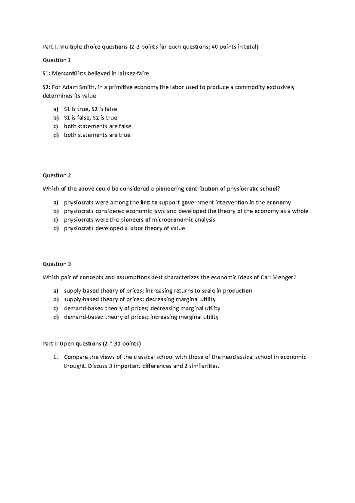 Mock exam questions 2022 - Part I. Multiple choice questions (2-3 ...