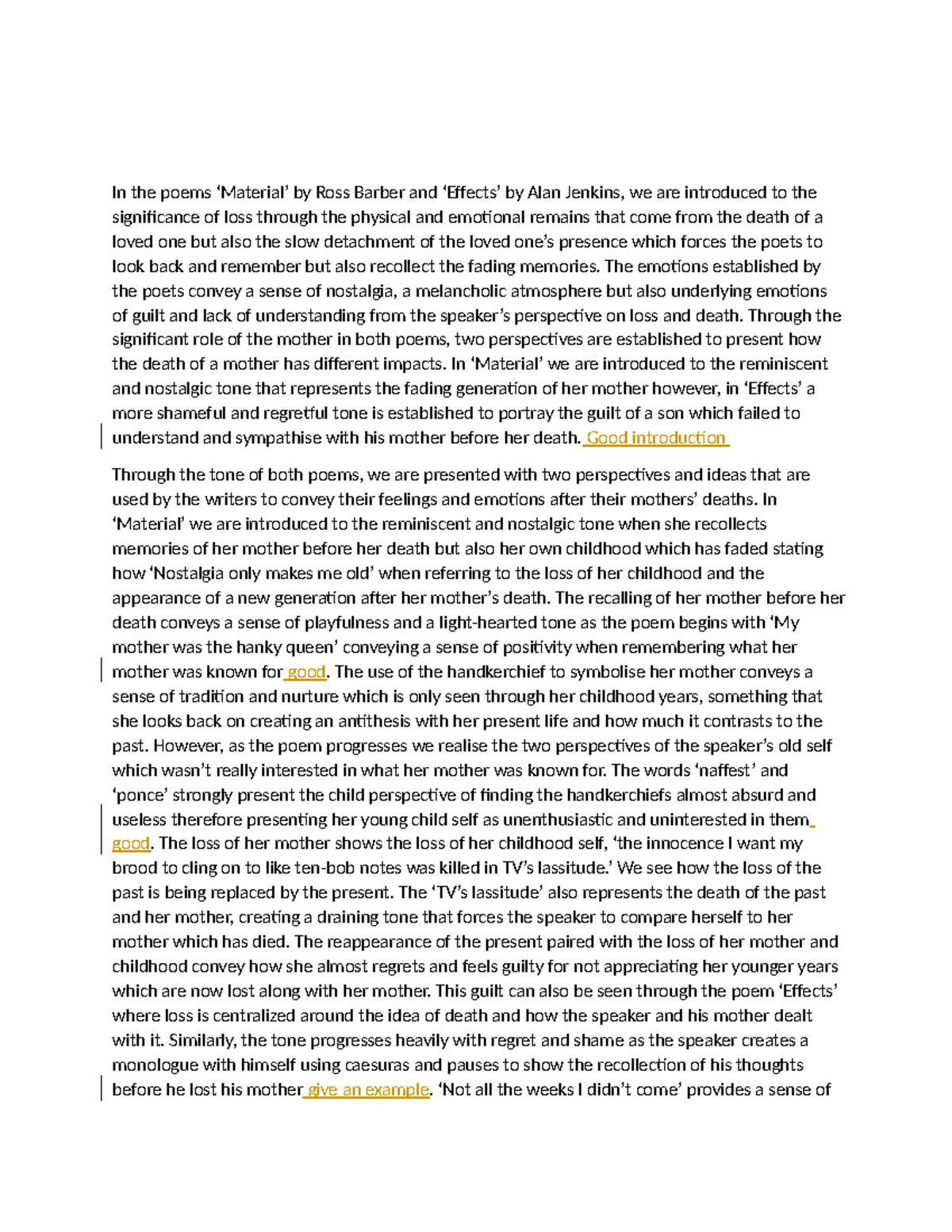 Theme of loss - In the poems ‘Material’ by Ross Barber and ‘Effects’ by ...