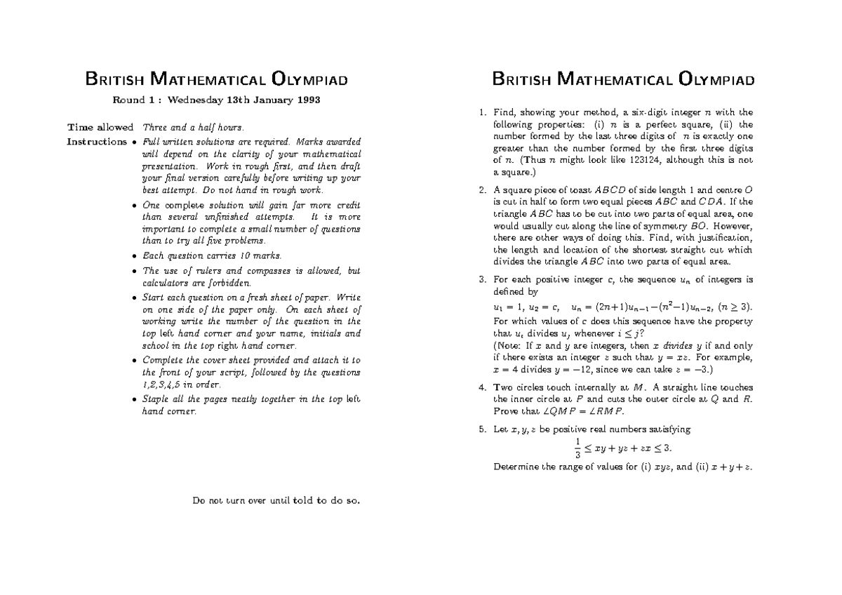 British Mathematical Olympiad - Round 1 : Wednesday 13th January 1993 ...