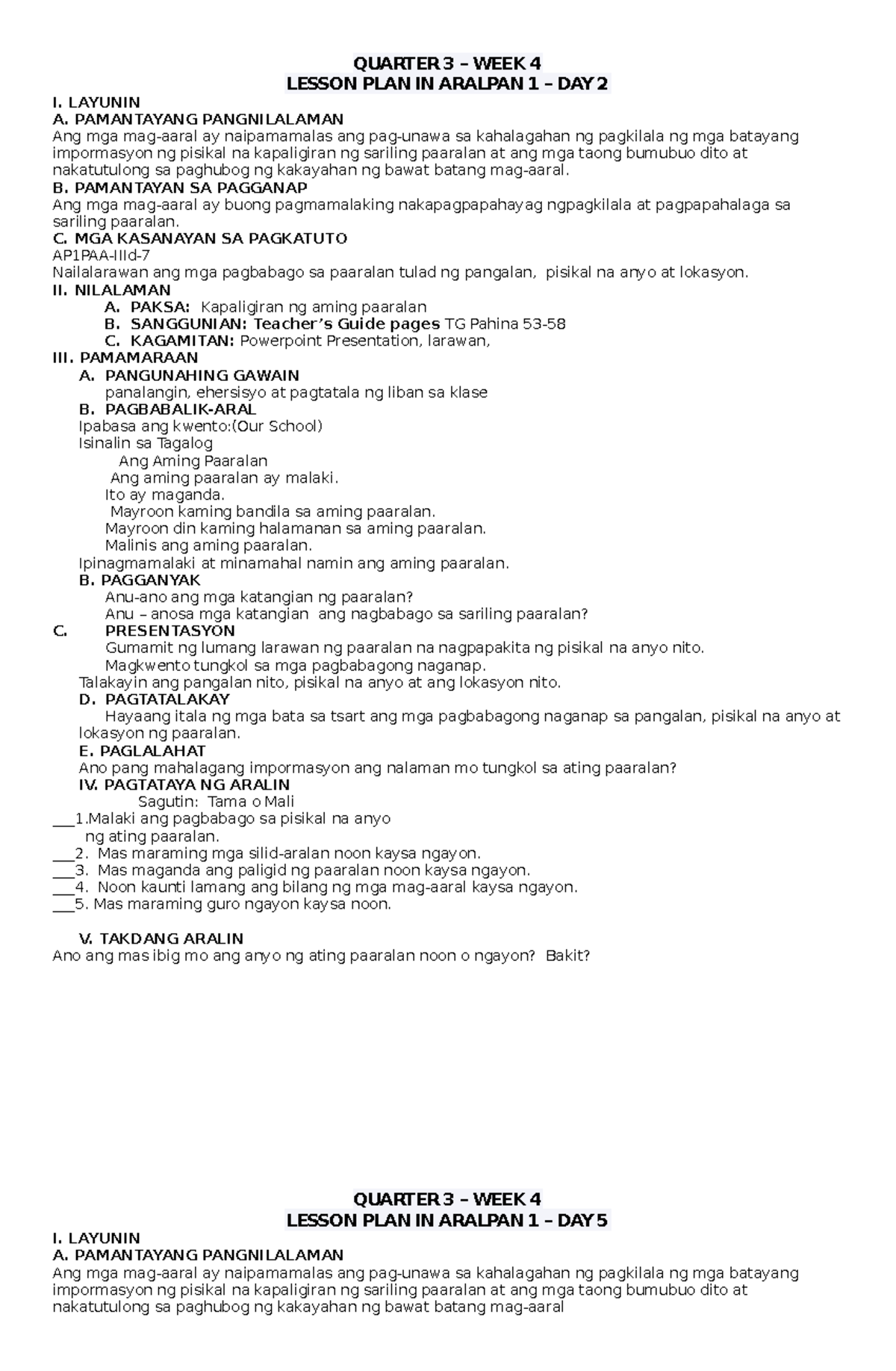 Lesson-PLAN-IN- Aralpan-3rd quarter week 2 - QUARTER 3 – WEEK 4 LESSON ...