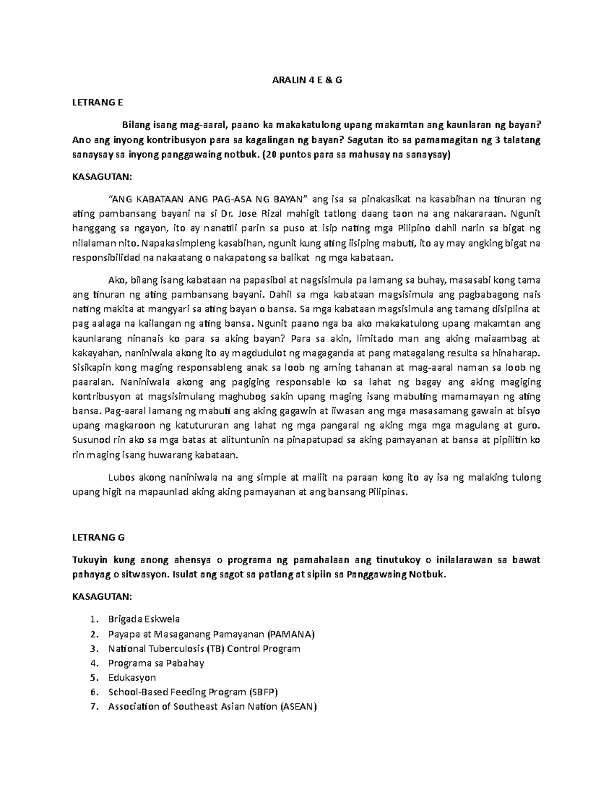 Filipino Aralin 4 E & G - an activity with the correct answer provided ...