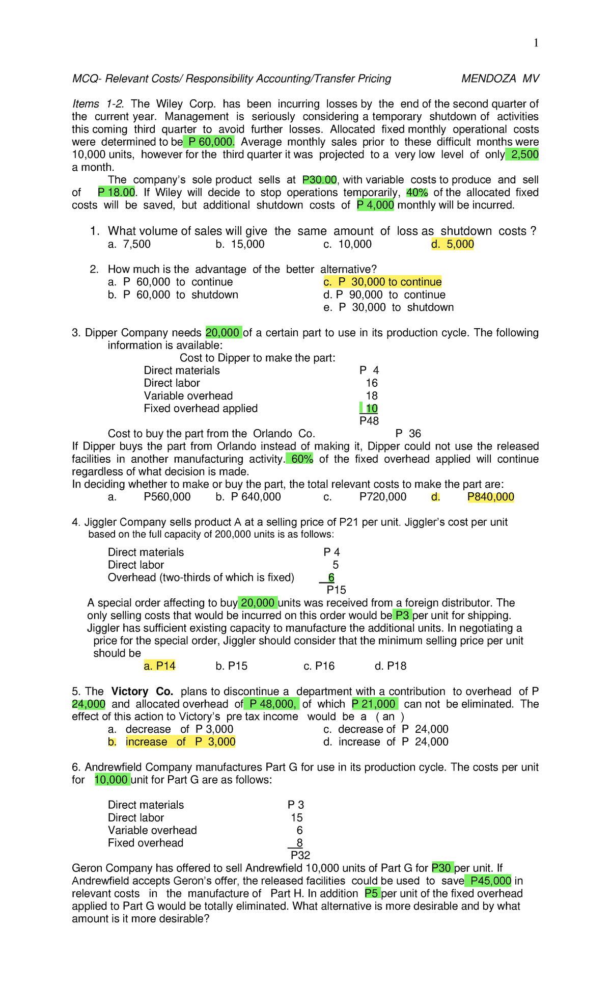 Pdfcoffee - ..... - MCQ- Relevant Costs/ Responsibility Accounting/Transfer Pricing MENDOZA MV ...