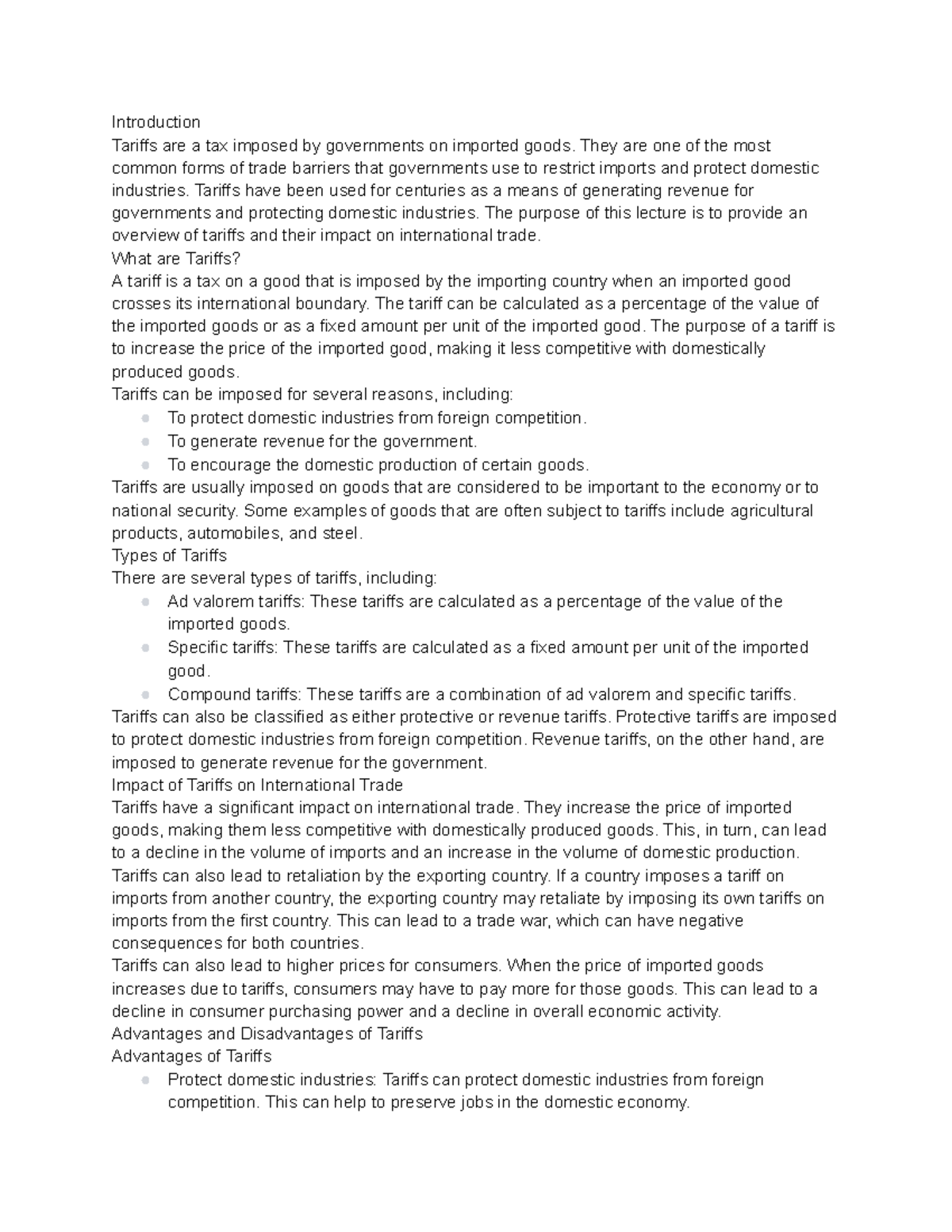ECON101 lecture notes 10 - Introduction Tariffs are a tax imposed by ...