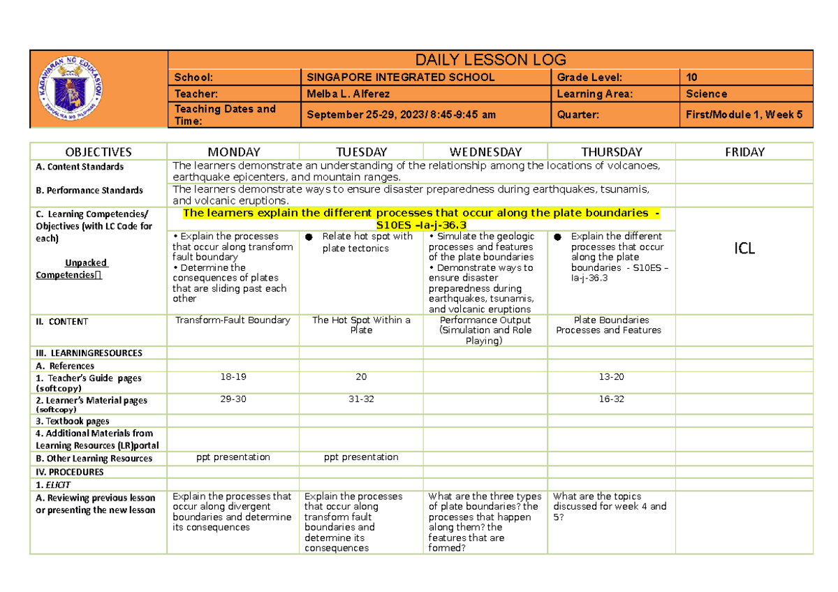 1. DLL - DAILY LESSON LG - DAILY LESSON LOG School: SINGAPORE ...