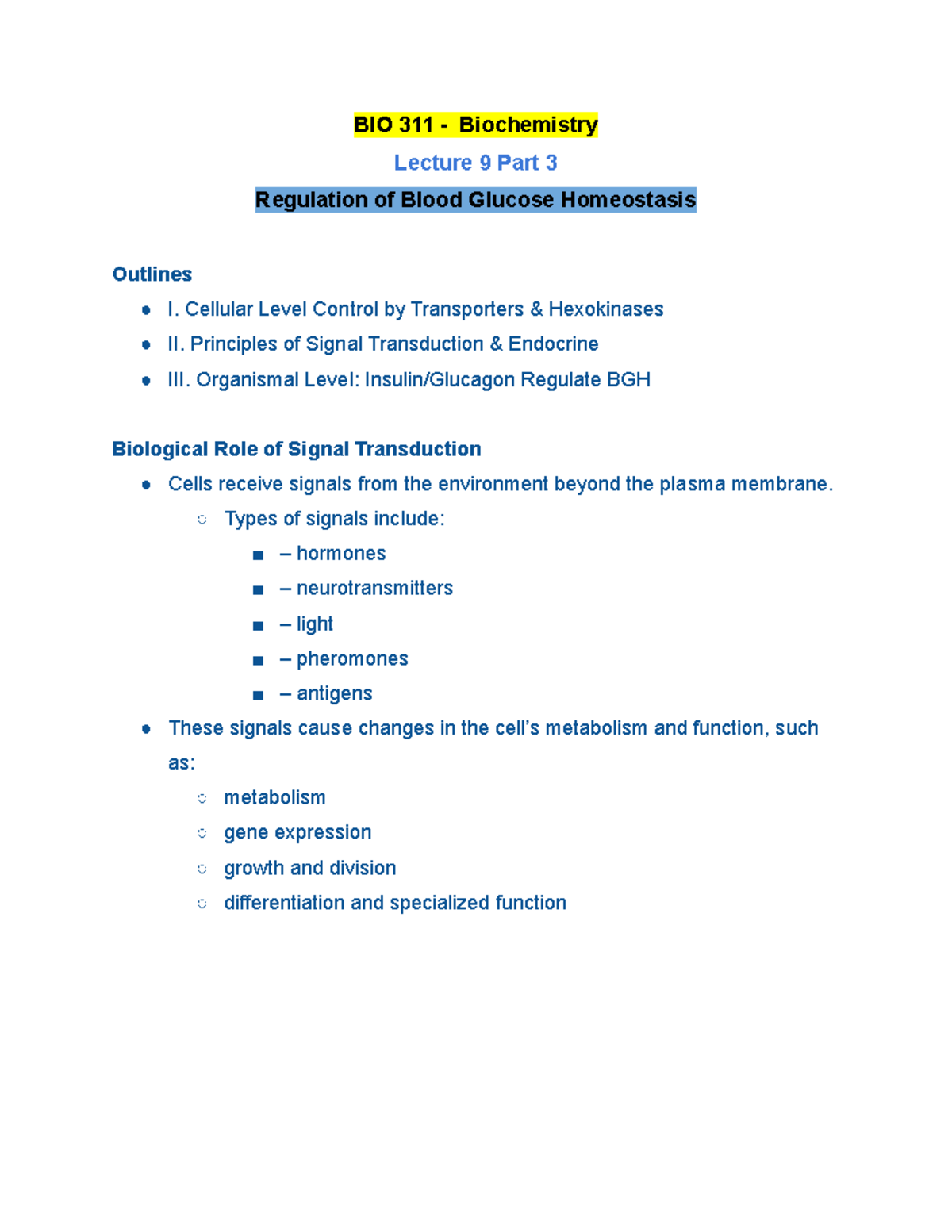 BIO 311 Lecture 9 Part 3 Fall 2020 - BIO 311 - Biochemistry Lecture 9 Part 3 Regulation of Blood ...